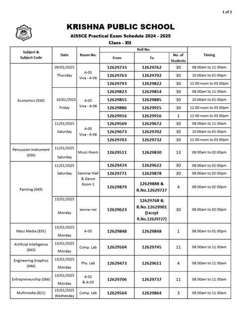 Class Xii Practical Time Table Pdf