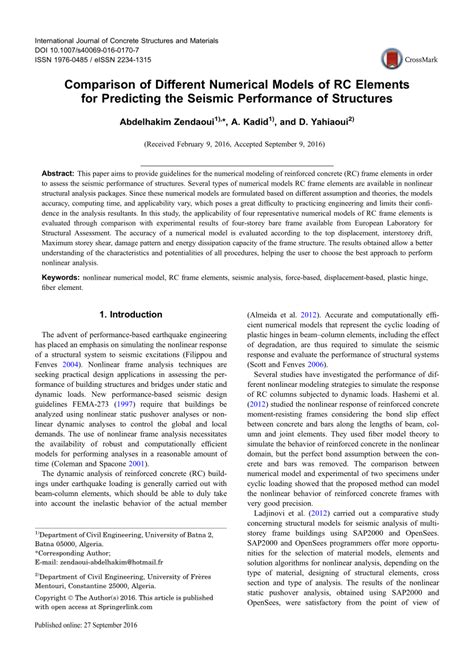 PDF Comparison Of Different Numerical Models Of RC Elements For Predicting The Seismic