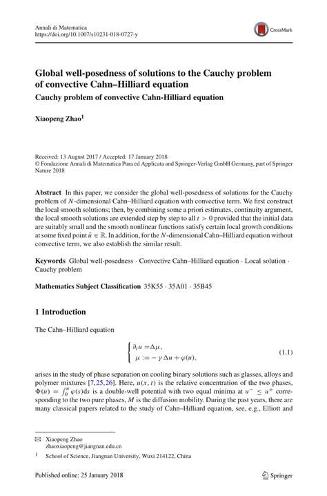 Pdf Global Well Posedness Of Solutions To The Cauchy Problem Of Convective Cahnhilliard