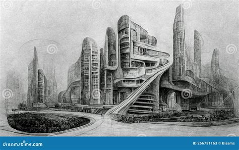 Futuristic Surreal Urban Modern Architecture Pencil Drawing Style