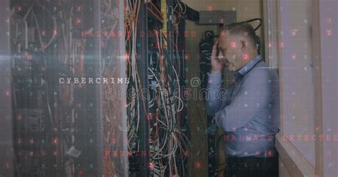 Image Of Data Processing With Cyber Attack Warning Over Technician And Computer Servers Stock