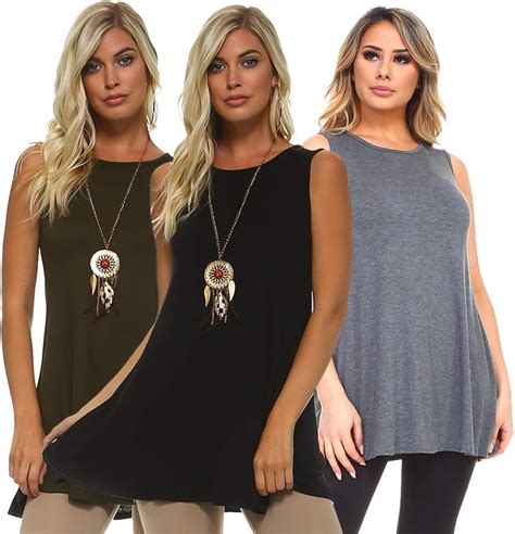3 Pack Womens Sleeveless Tunic Round Neck Swing Flowy Long Tank Tops