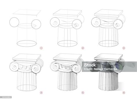 페이지는 고대 고대 그리스 이온 기둥의 스케치를 그리는 법을 배우는 방법을 보여줍니다 단계별 연필 그리기 만들기 아티스트를 위한
