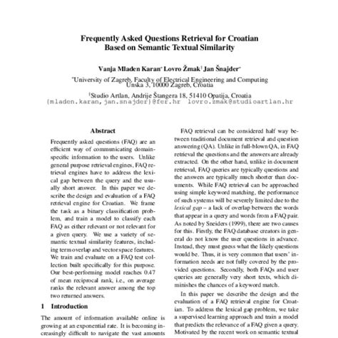 Frequently Asked Questions Retrieval For Croatian Based On Semantic Textual Similarity Acl