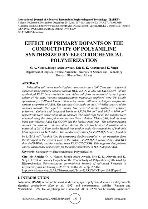 Pdf Effect Of Primary Dopants On The Conductivity Of Polyaniline Synthesized By