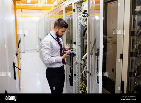 Technician Using Digital Cable Analyzer Stock Photo Alamy