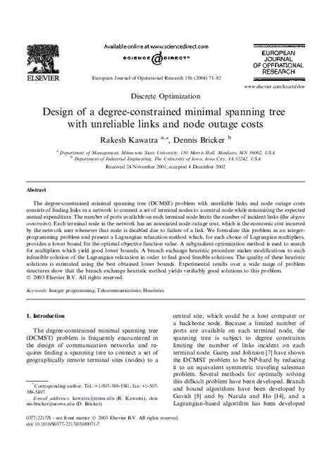 Pdf Design Of A Degree Constrained Minimal Spanning Tree With