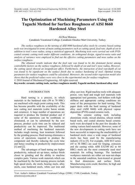 Pdf The Optimization Of Machining Parameters Using The Taguchi Method