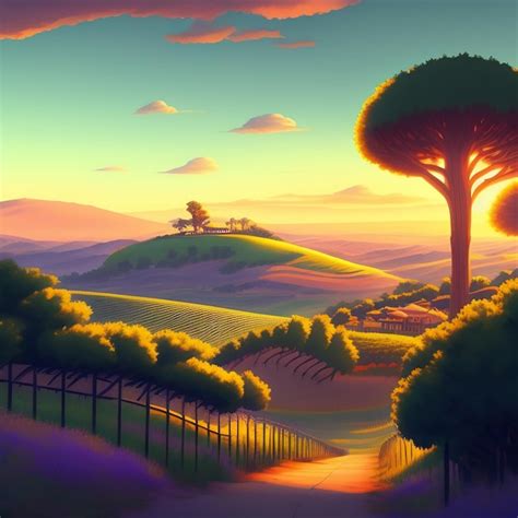 Premium AI Image A Painting Of A Tree On A Hill With A Sunset In The Background