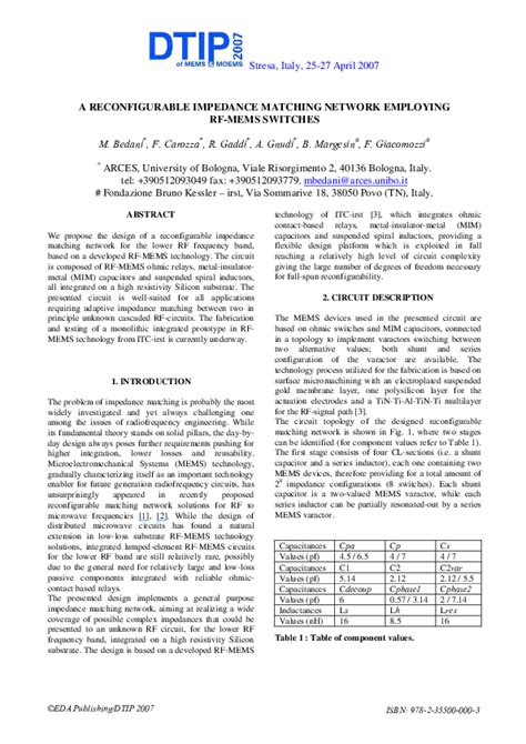 Pdf A Reconfigurable Impedance Matching Network Employing Rf Mems Switches