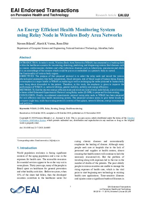 Pdf An Energy Efficient Health Monitoring System Using Relay Node In