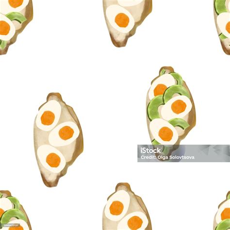 수채화 원활한 음식 패턴 아보카도와 계란 샌드위치 건강한 식생활 아침 식사 손으로 그린 크로와상 플랫 푸드 일러스트레이션 건강한 식생활에 대한 스톡 벡터 아트 및 기타