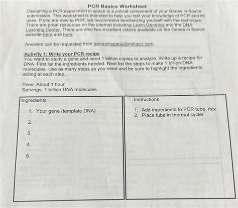 PCR Basics Worksheet Designing a PCR experiment in | Chegg.com