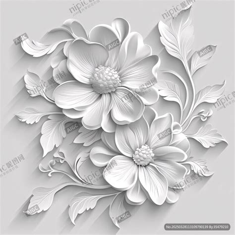 Ai创作图花卉 浮雕 装饰 图案 花瓣 叶子 立体 艺术 设计 纹理 线条 造型 白色 植物 装饰元素 昵图网