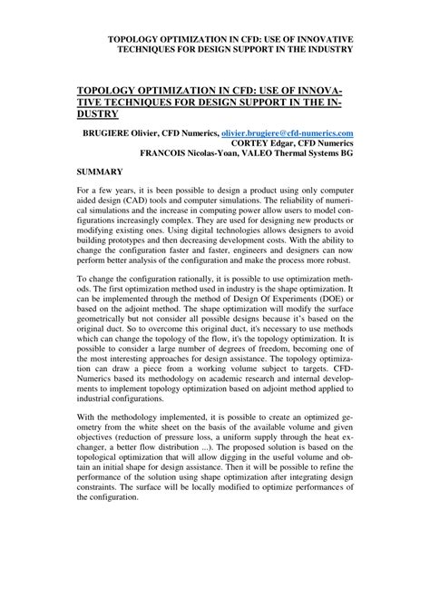 Pdf Topology Optimisation In Cfd Use Of Innovative Techniques For Design Support In The Industry