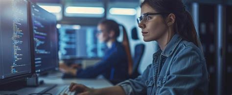 A Woman Works At A Computer With A Monitor Behind Her Premium AI Generated Image