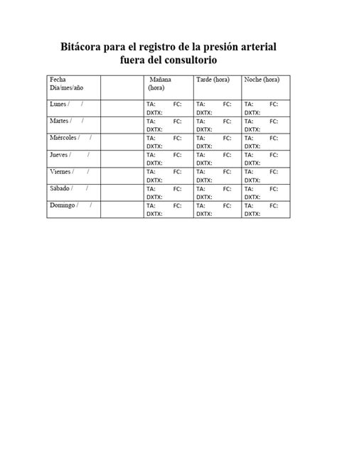 Bitácora De Presión Arterial Diario Pdf