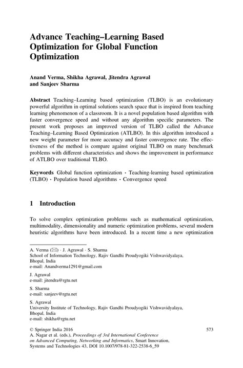 pdf advance teaching learning based optimization for global function