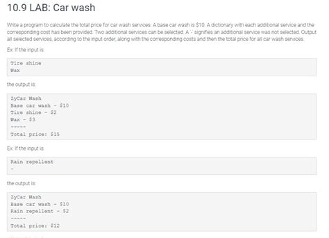 solved 10 9 lab car wash write a program to calculate the