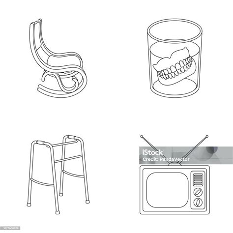 틀니 흔들의 자 워커 오래 된 Tv 나이 개요 스타일 벡터 기호 재고 일러스트 웹에서 컬렉션 아이콘을 설정합니다 금속에 대한