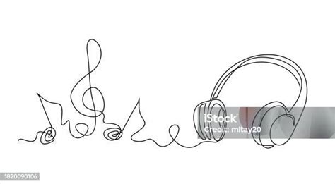 한 줄 헤드폰 음악 가제트와 음표의 연속 그리기 오디오 헤드폰 윤곽선 스케치 음악 기호의 선화 벡터 개념입니다 그림 헤드폰