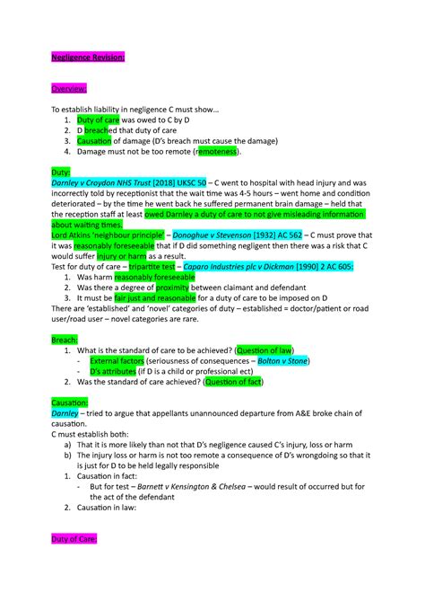 Negligence Revision Negligence Revision Overview To Establish Liability In Negligence C Must