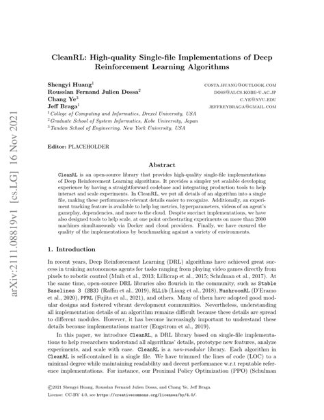 pdf cleanrl high quality single file implementations of deep