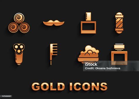 세트 헤어 브러시 클래식 이발소 폴 애프터 셰 이브 면도 젤 폼 남성용 전기 면도날 수건 롤 및 콧수염 아이콘 벡터 검은색에 대한 스톡 벡터 아트 및 기타 이미지 Istock