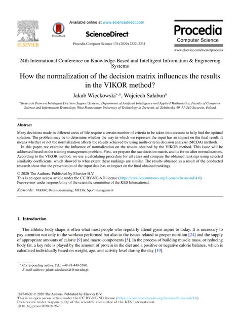 Pdf How The Normalization Of The Decision Matrix Influences The Results In The Vikor Method