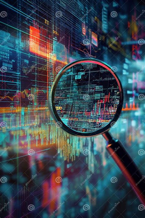 Magnifying Glass Analyzing Digital Data On Futuristic Screen With Financial Graphs Stock
