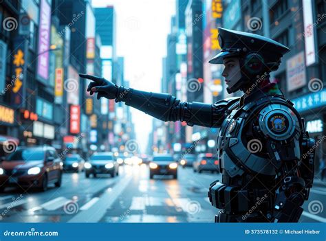 Robot Police Officer With Large Cannon Explores Abandoned Buildings Stock Illustration