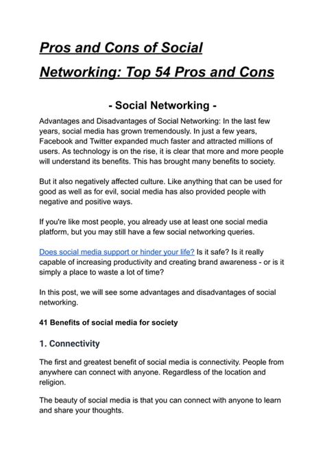 Pros And Cons Of Social Networking Top 54 Pros And Conspdf