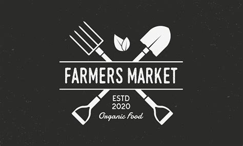 삽과 피치 포크와 유기농 식품 상점 로고 검은 배경에 고립 된 농민 시장 로고 벡터 일러스트레이션 개념에 대한 스톡 벡터 아트 및 기타 이미지 Istock