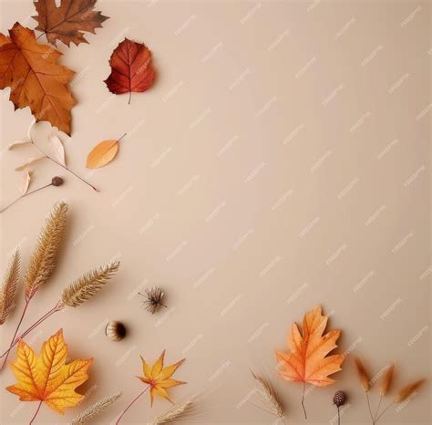 Autumn Leaves And Grasses On Tan Background Premium Ai Generated Image