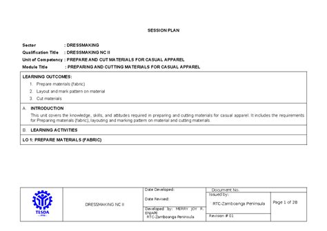 Session Plan Template 091014 Session Plan Sector Dressmaking