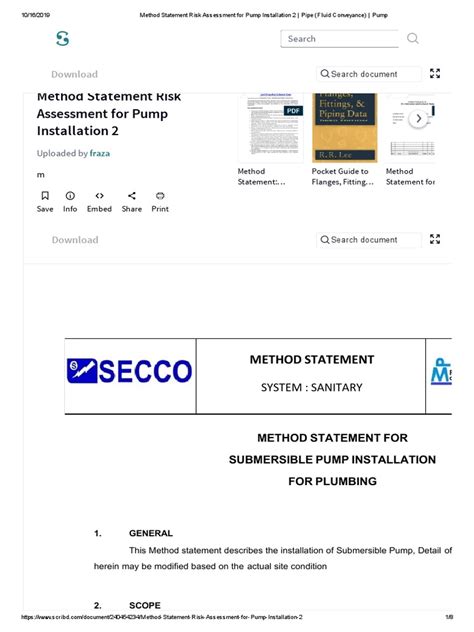 Method Statement Risk Assessment For Pump Installation 2 Pipe Fluid Conveyance Pump Pdf