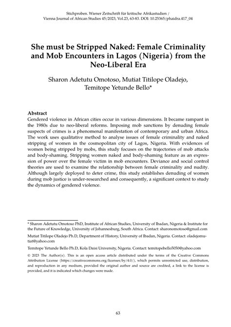 Pdf She Must Be Stripped Naked Female Criminality And Mob Encounters In Lagos Nigeria From