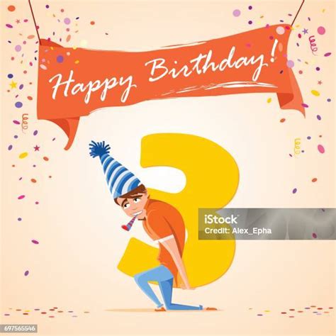 혼란 스 러 워 보가 화려한 배경에서 3 번을 들고 생일 축 하 배너 벡터 일러스트 레이 션 낮에 대한 스톡 벡터 아트 및 기타 이미지 Istock