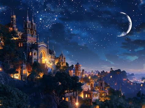 Premium Photo Dreamy Night Scene With Moon And Detailed Cityscape Ai Generated