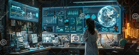 Scientist Analyzing Data In Hightech Laboratory With Advanced Digital Screens And Global Data