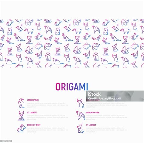 얇은 선 아이콘으로 종이 접기 개념 펭귄 낙 타 여우 곰 참새 물고기 마우스 새 코끼리 캥거루 토끼 인감 너구리 현대 벡터 일러스트 워크샵에 대 한 텍스트를 위한 장소 개에