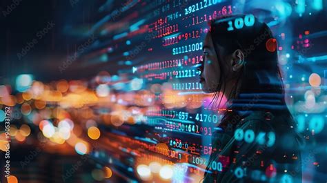 Computer Code Hologram And Woman Thinking Of Data Analytics Information