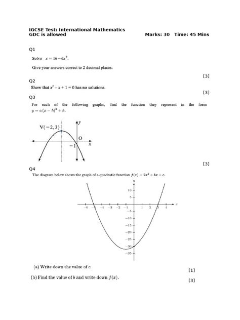 Class Test 1 Quadratic Functions Pdf