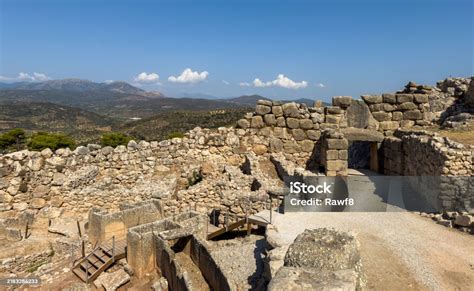 Mycenae Greece Archaeological Site Main Entrance Of The Citadel Lion