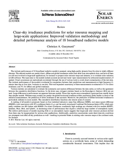 Pdf Clear Sky Irradiance Predictions For Solar Resource Mapping And Large Scale Applications