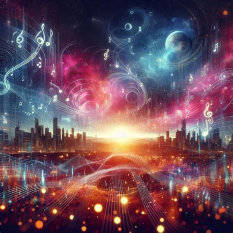 Panorama With Music Notes And Electronic Elements For A Dynamic Background Stock Illustration