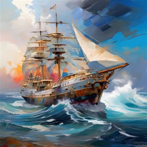 Seascape Ship On The High Seas Storm High Waves Stock Illustration