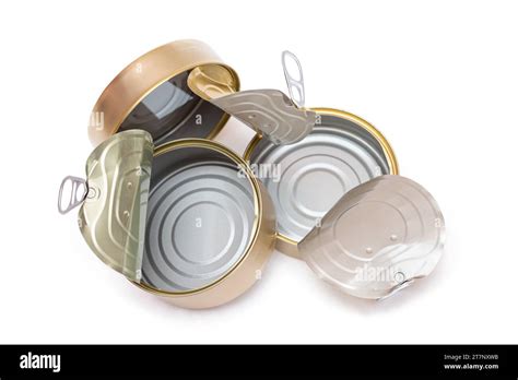 Three Opened Empty Tin Cans Isolated On White Background Clean Used Aluminum Cans Isolation