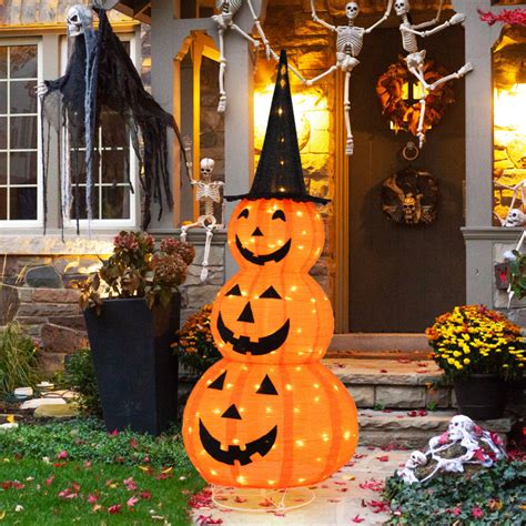 5 Feet Lighted Stacked Pumpkins Halloween Decoration With Witch Hat