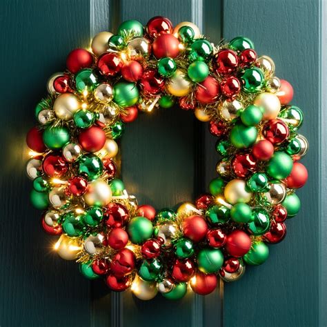 Scottish Everlastings Pre Lit Green And Red Bauble Wreath Multicoloured